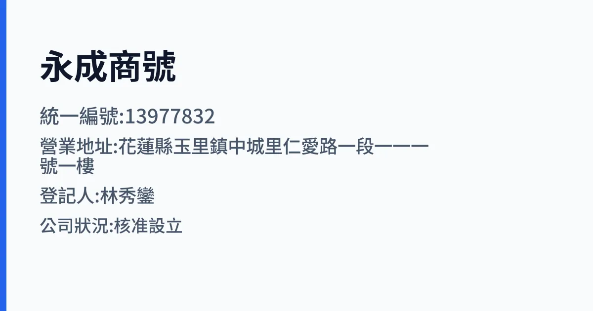 永成商號 - 統編 13977832(花蓮縣) 公司登記資料與營業項目詳細圖表