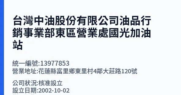 台灣中油股份有限公司油品行銷事業部東區營業處國光加油站的照片-統編 13977853(花蓮縣) 公司登記資料與營業項目詳細圖表