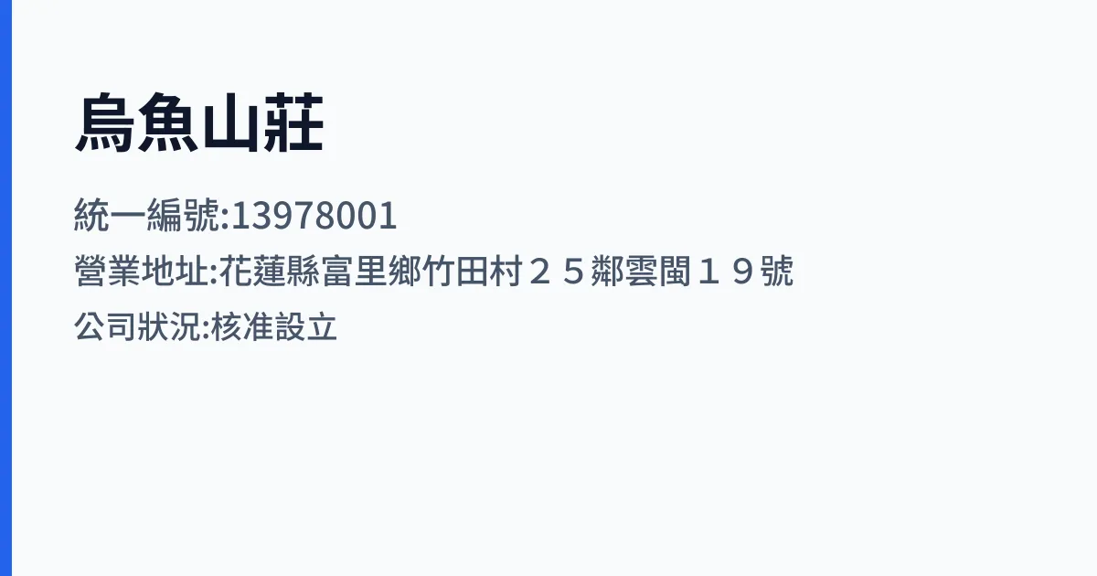 烏魚山莊 - 統編 13978001(花蓮縣) 公司登記資料與營業項目詳細圖表