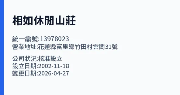 相如休閒山莊的照片-統編 13978023(花蓮縣) 公司登記資料與營業項目詳細圖表