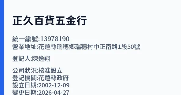 正久百貨五金行的照片-統編 13978190(花蓮縣) 公司登記資料與營業項目詳細圖表