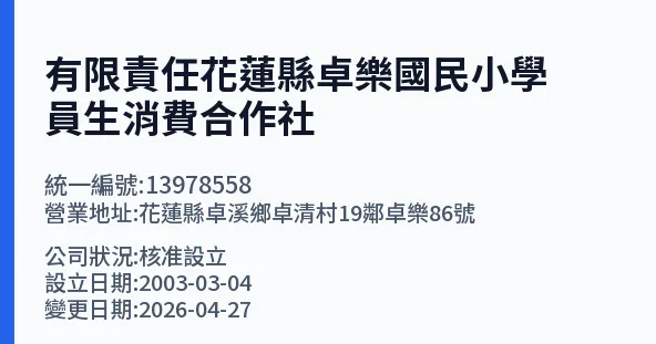 有限責任花蓮縣卓樂國民小學員生消費合作社的照片-統編 13978558(花蓮縣) 公司登記資料與營業項目詳細圖表