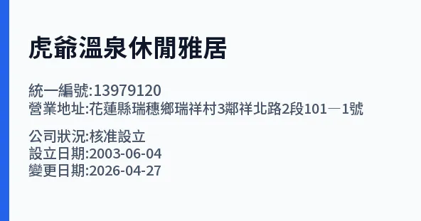 虎爺溫泉休閒雅居的照片-統編 13979120(花蓮縣) 公司登記資料與營業項目詳細圖表