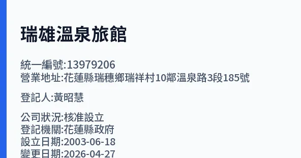 瑞雄溫泉旅館的照片-統編 13979206(花蓮縣) 公司登記資料與營業項目詳細圖表