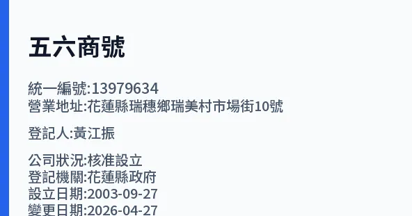 五六商號的照片-統編 13979634(花蓮縣) 公司登記資料與營業項目詳細圖表