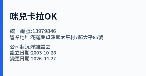 咪兒卡拉OK的照片-統編 13979846(花蓮縣) 公司登記資料與營業項目詳細圖表