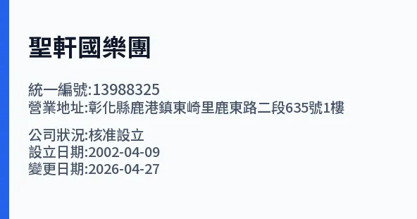 聖軒國樂團的照片-統編 13988325(彰化縣) 公司登記資料與營業項目詳細圖表