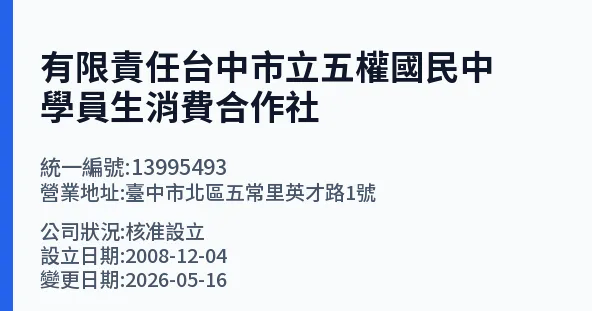 有限責任台中市立五權國民中學員生消費合作社的照片-統編 13995493(臺中市) 公司登記資料與營業項目詳細圖表