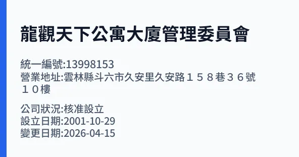 龍觀天下公寓大廈管理委員會的照片-統編 13998153(雲林縣) 公司登記資料與營業項目詳細圖表