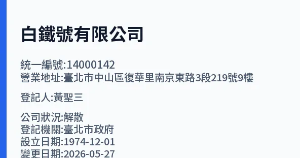 白鐵號有限公司的照片-統編 14000142(臺北市) 公司登記資料與營業項目詳細圖表