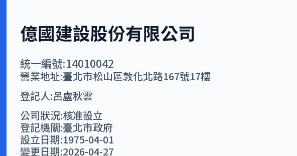 億國建設股份有限公司的照片-統編 14010042(臺北市) 公司登記資料與營業項目詳細圖表