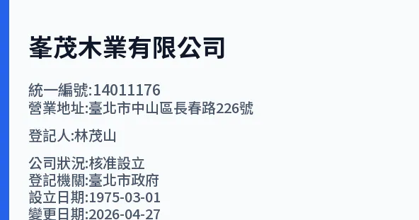 峯茂木業有限公司的照片-統編 14011176(臺北市) 公司登記資料與營業項目詳細圖表