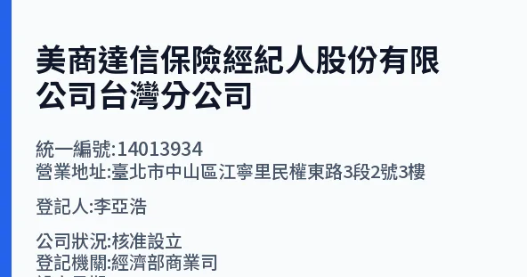 美商達信保險經紀人股份有限公司台灣分公司的照片-統編 14013934(臺北市) 公司登記資料與營業項目詳細圖表