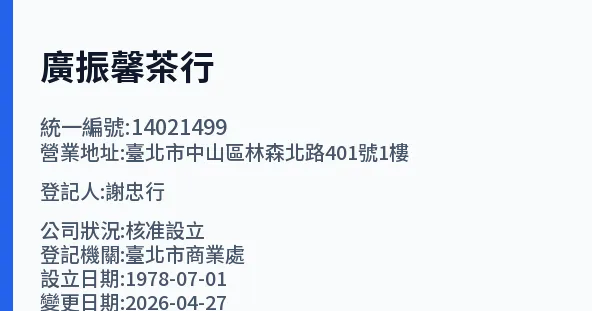 廣振馨茶行的照片-統編 14021499(臺北市) 公司登記資料與營業項目詳細圖表