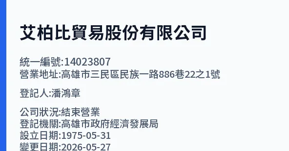 艾柏比貿易股份有限公司的照片-統編 14023807(高雄市) 公司登記資料與營業項目詳細圖表