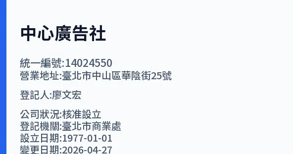 中心廣告社的照片-統編 14024550(臺北市) 公司登記資料與營業項目詳細圖表