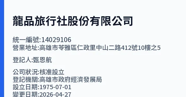 龍品旅行社股份有限公司的照片-統編 14029106(高雄市) 公司登記資料與營業項目詳細圖表