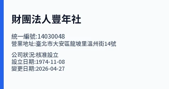 財團法人豐年社的照片-統編 14030048(臺北市) 公司登記資料與營業項目詳細圖表