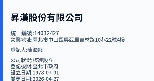 昇漢股份有限公司的照片-統編 14032427(臺北市) 公司登記資料與營業項目詳細圖表