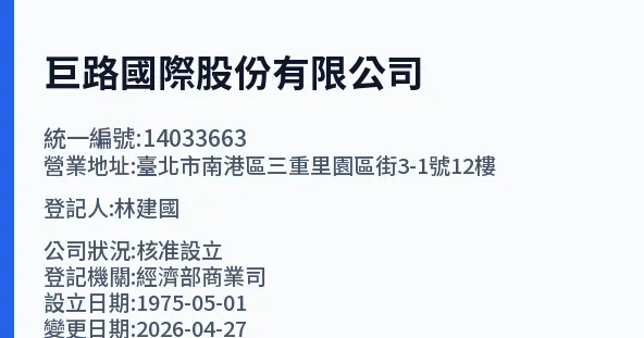 巨路國際股份有限公司的照片-統編 14033663(臺北市) 公司登記資料與營業項目詳細圖表