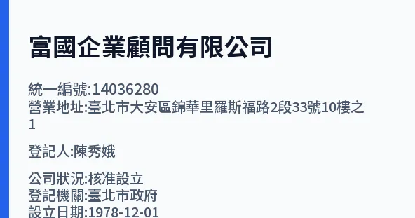 富國企業顧問有限公司的照片-統編 14036280(臺北市) 公司登記資料與營業項目詳細圖表