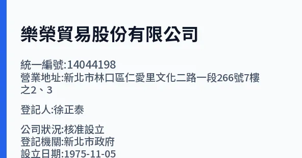 樂榮貿易股份有限公司的照片-統編 14044198(新北市) 公司登記資料與營業項目詳細圖表