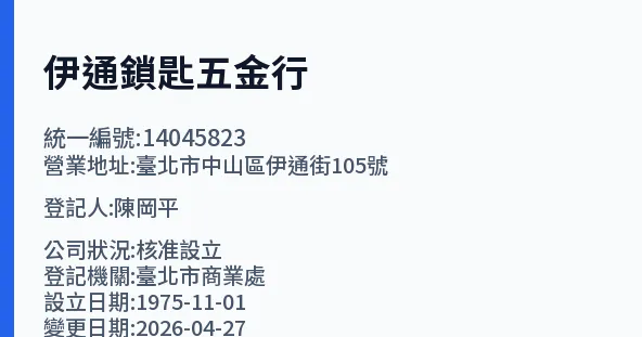 伊通鎖匙五金行的照片-統編 14045823(臺北市) 公司登記資料與營業項目詳細圖表