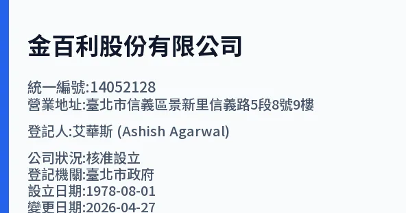 金百利股份有限公司的照片-統編 14052128(臺北市) 公司登記資料與營業項目詳細圖表