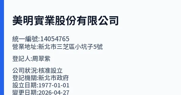 美明實業股份有限公司的照片-統編 14054765(新北市) 公司登記資料與營業項目詳細圖表