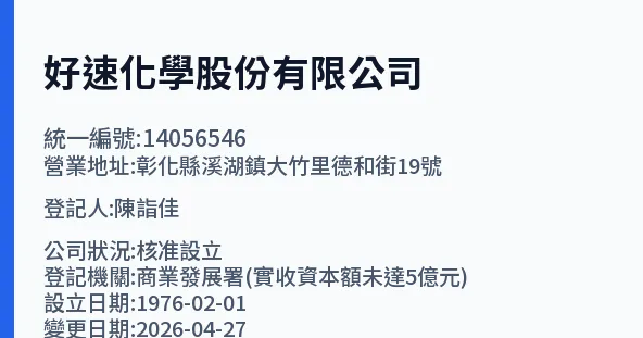 好速化學股份有限公司的照片-統編 14056546(彰化縣) 公司登記資料與營業項目詳細圖表