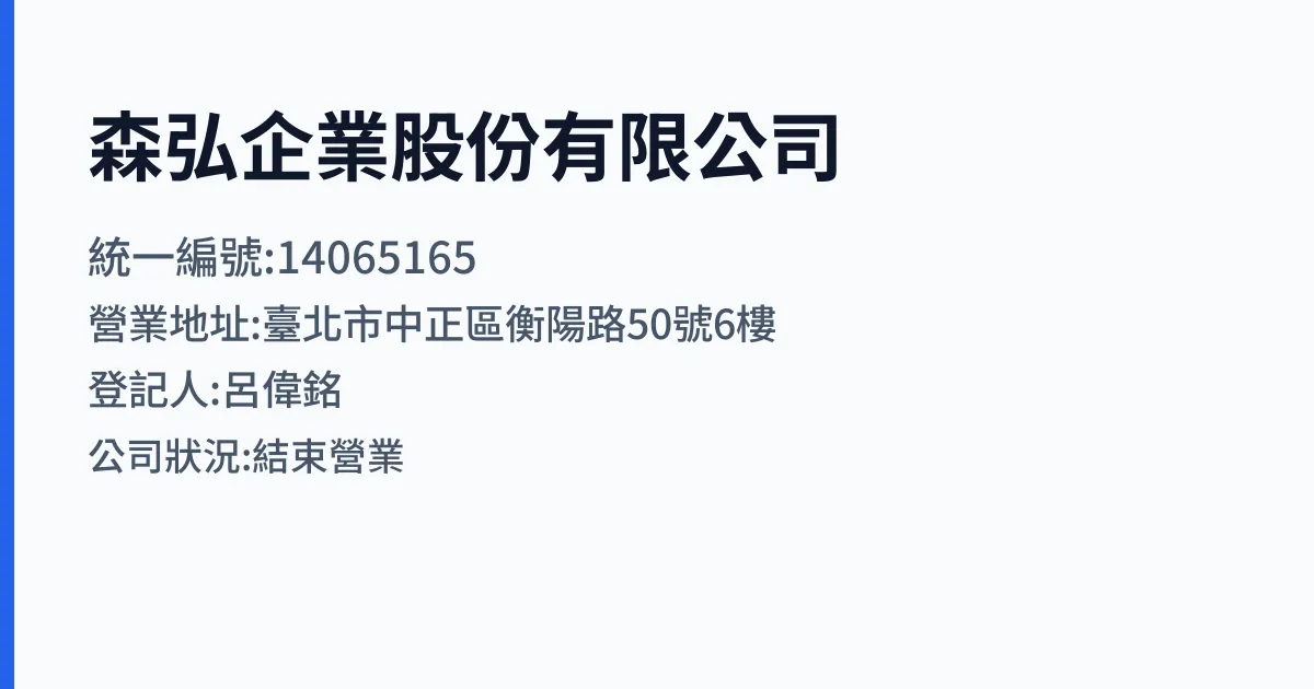 森弘企業股份有限公司 - 統編 14065165(臺北市) 公司登記資料與營業項目詳細圖表