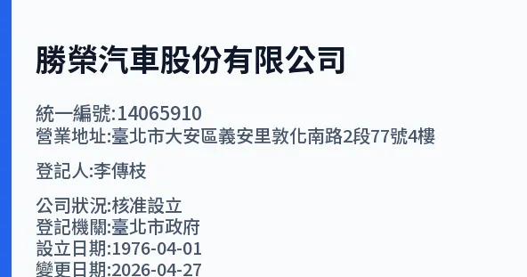 勝榮汽車股份有限公司的照片-統編 14065910(臺北市) 公司登記資料與營業項目詳細圖表