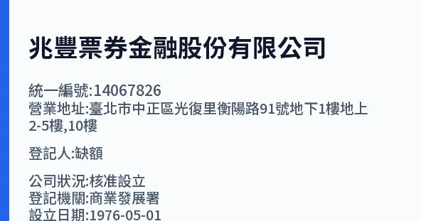 兆豐票券金融股份有限公司的照片-統編 14067826(臺北市) 公司登記資料與營業項目詳細圖表