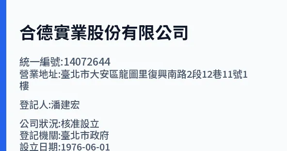 合德實業股份有限公司的照片-統編 14072644(臺北市) 公司登記資料與營業項目詳細圖表