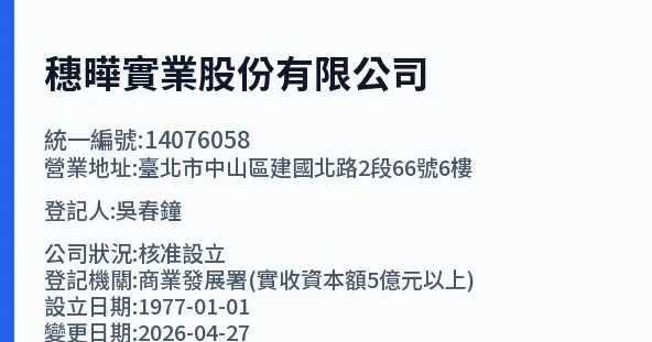 穗曄實業股份有限公司的照片-統編 14076058(臺北市) 公司登記資料與營業項目詳細圖表