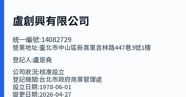 盧創興有限公司的照片-統編 14082729(臺北市) 公司登記資料與營業項目詳細圖表