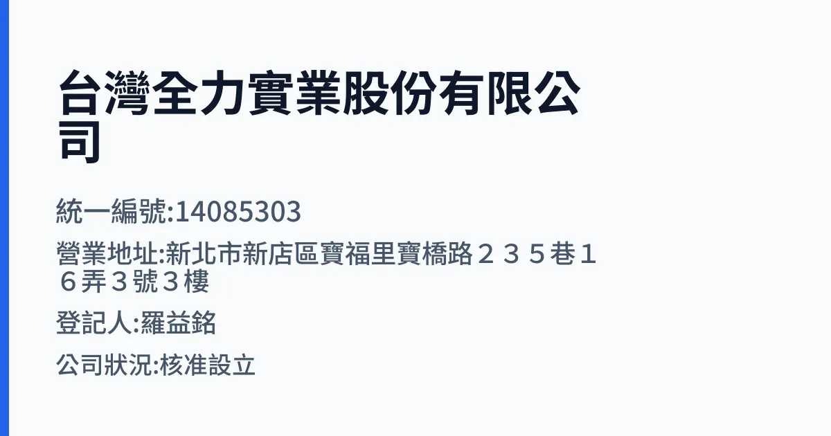 台灣全力實業股份有限公司 - 統編 14085303(新北市) 公司登記資料與營業項目詳細圖表