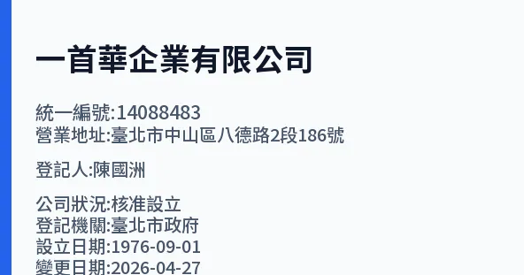 一首華企業有限公司的照片-統編 14088483(臺北市) 公司登記資料與營業項目詳細圖表