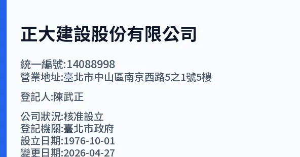 正大建設股份有限公司的照片-統編 14088998(臺北市) 公司登記資料與營業項目詳細圖表
