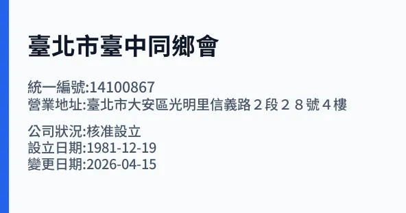 臺北市臺中同鄉會的照片-統編 14100867(臺北市) 公司登記資料與營業項目詳細圖表