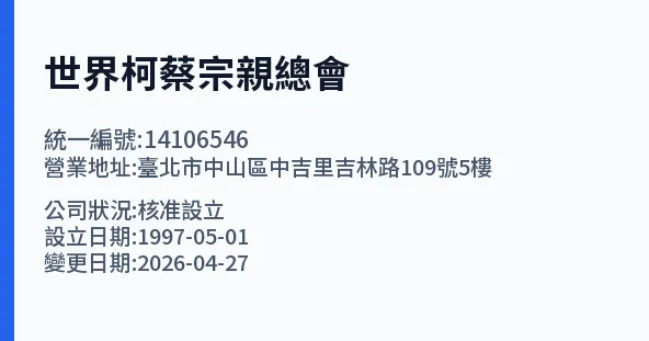 世界柯蔡宗親總會的照片-統編 14106546(臺北市) 公司登記資料與營業項目詳細圖表