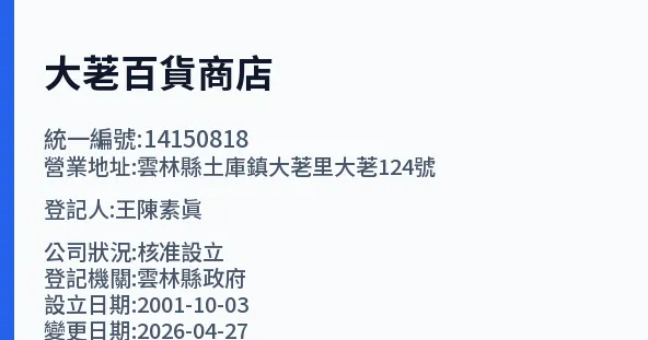 大荖百貨商店的照片-統編 14150818(雲林縣) 公司登記資料與營業項目詳細圖表
