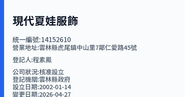 現代夏娃服飾的照片-統編 14152610(雲林縣) 公司登記資料與營業項目詳細圖表
