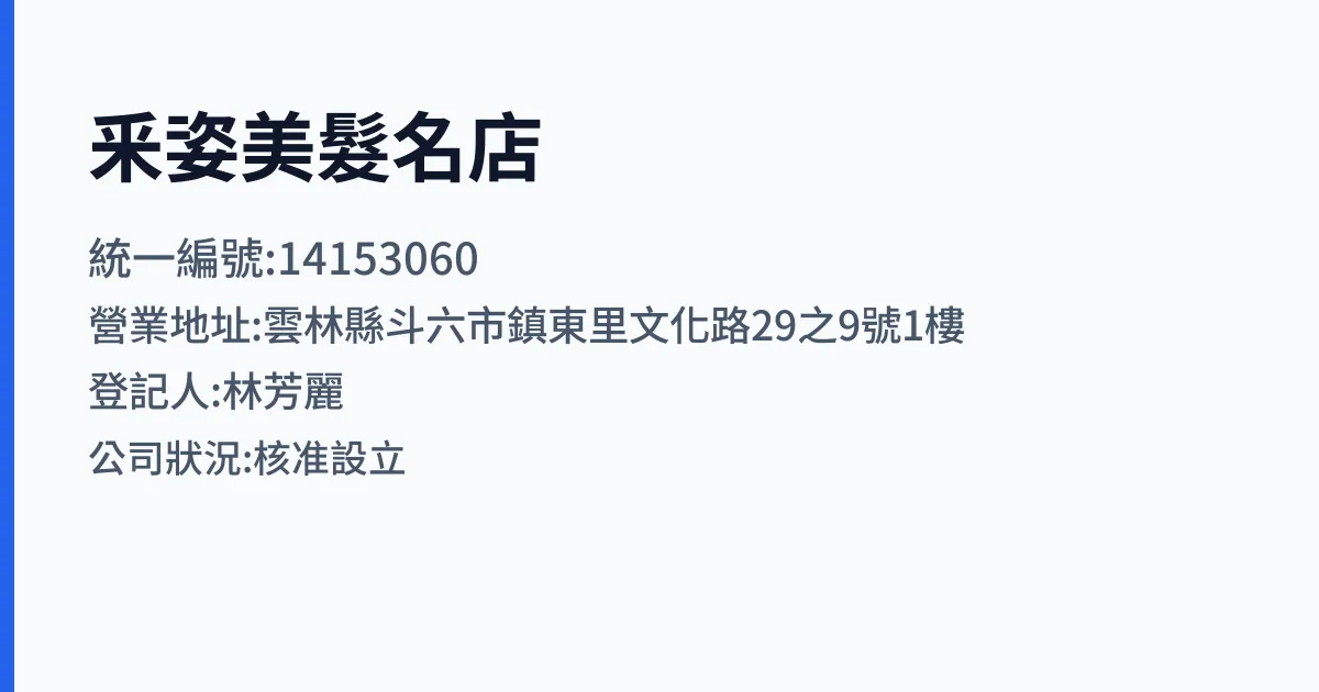 釆姿美髮名店 - 統編 14153060(雲林縣) 公司登記資料與營業項目詳細圖表