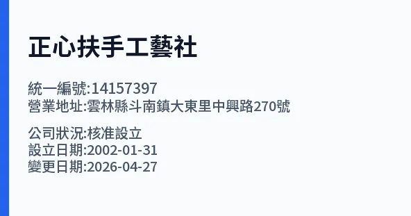 正心扶手工藝社的照片-統編 14157397(雲林縣) 公司登記資料與營業項目詳細圖表