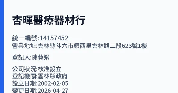 杏暉醫療器材行的照片-統編 14157452(雲林縣) 公司登記資料與營業項目詳細圖表