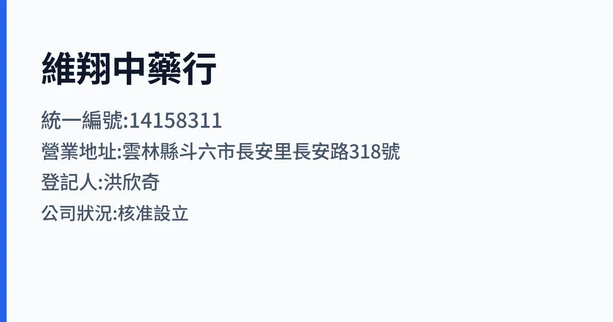 維翔中藥行 - 統編 14158311(雲林縣) 公司登記資料與營業項目詳細圖表