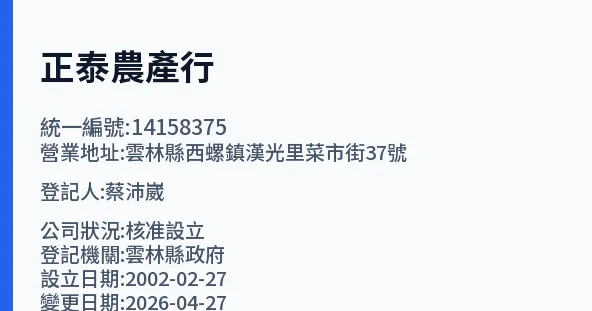 正泰農產行的照片-統編 14158375(雲林縣) 公司登記資料與營業項目詳細圖表