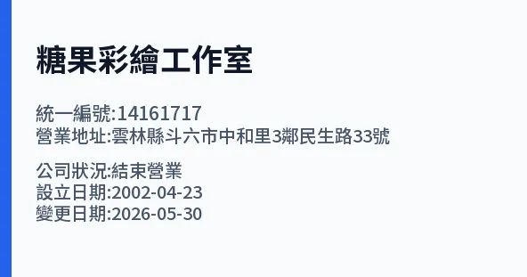 糖果彩繪工作室的照片-統編 14161717(雲林縣) 公司登記資料與營業項目詳細圖表