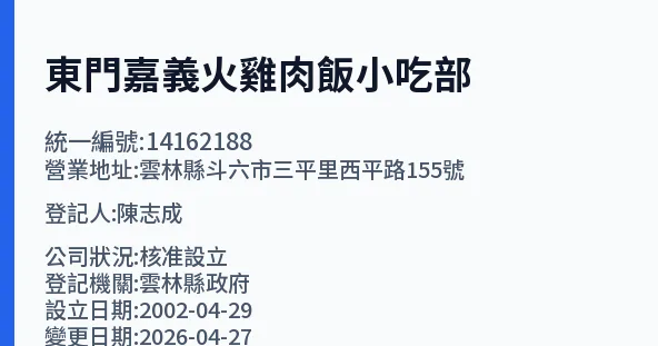東門嘉義火雞肉飯小吃部的照片-統編 14162188(雲林縣) 公司登記資料與營業項目詳細圖表